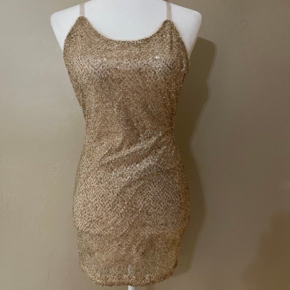 AKIRA | Dresses | Akira Gold Glitter Mini Party Dress Sleeveless Size ...